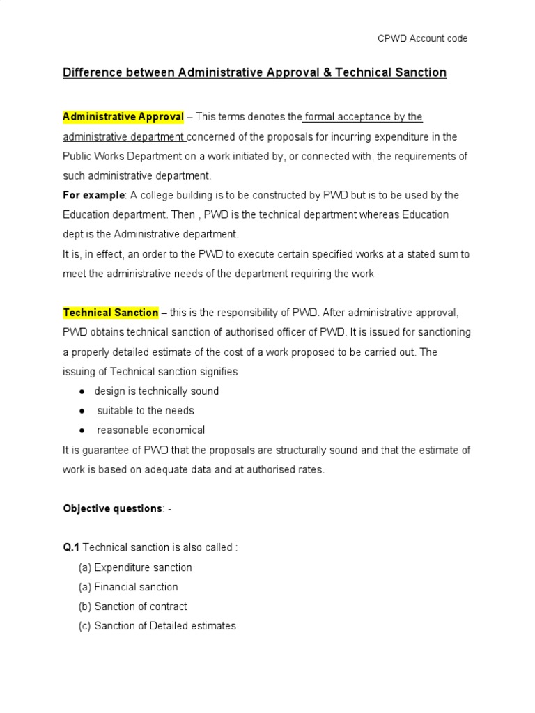 Difference Between Administrative Approval & Technical Sanction | PDF