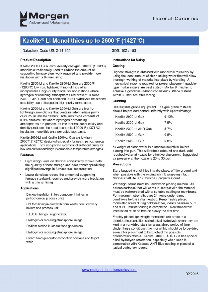 Kaolite LI Monolithics Up To 2600°F (1427°C) : Datasheet Code US: 3-14 ...