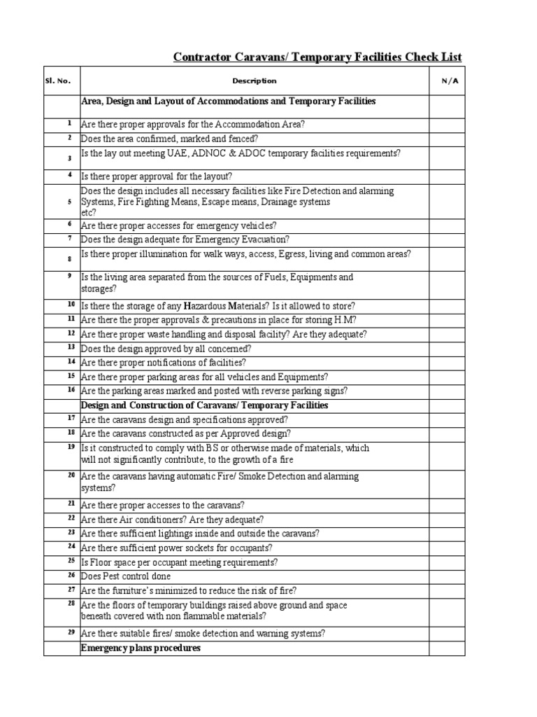 Contractor Camp Inspection Check List Rev9 | PDF | Firefighting | Hygiene