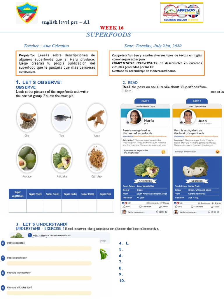 Superfoods: English Level Pre - A1 | PDF