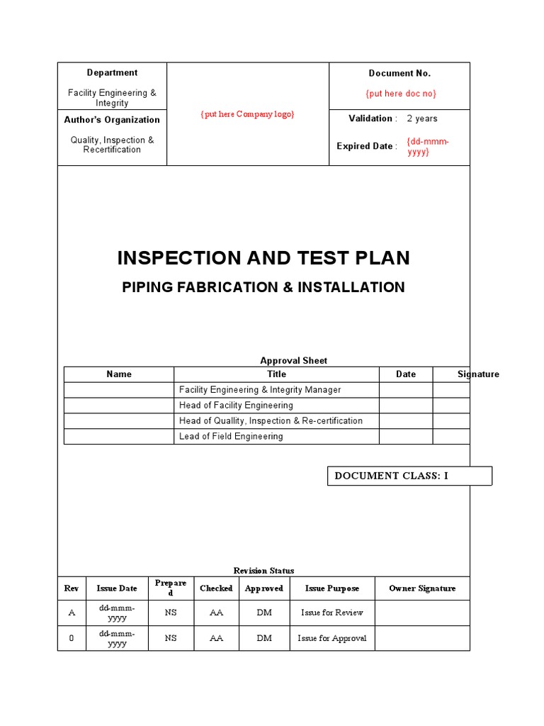 Sample Template Itp For Piping Fabrication and Installation | PDF ...
