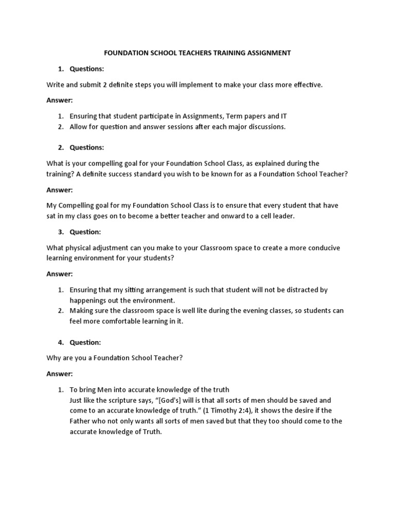 Foundation School Assignment 1 | Download Free PDF | Faith | Classroom