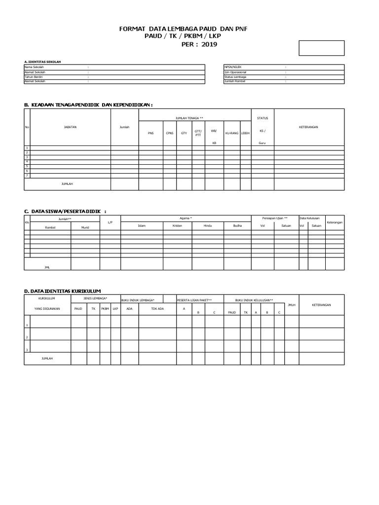 Form Pendataan Paud Dan PNF | PDF
