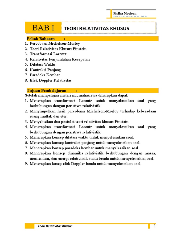 BAB 1 Teori Relativitas Khusus | PDF | Metode & Bahan Ajar