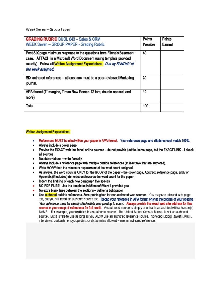 WEEK Seven - GROUP PAPER - Grading Rubric | PDF | Microsoft Word | Apa ...
