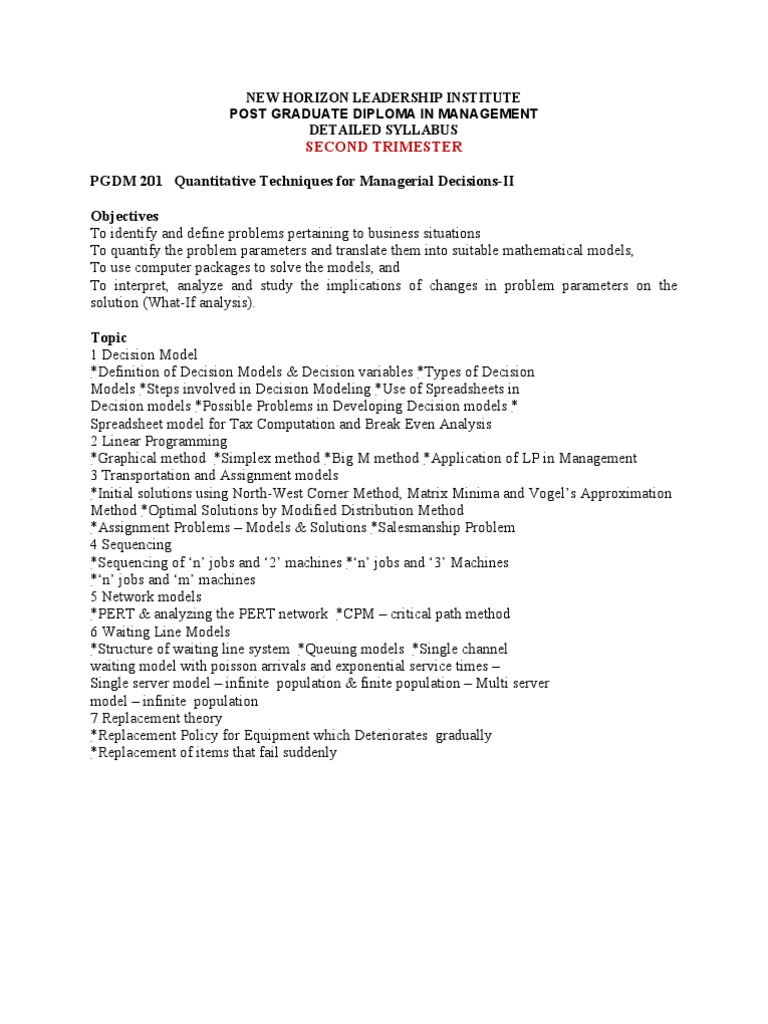 PGDM 201 Quantitative Techniques For Managerial Decisions-II Objectives ...