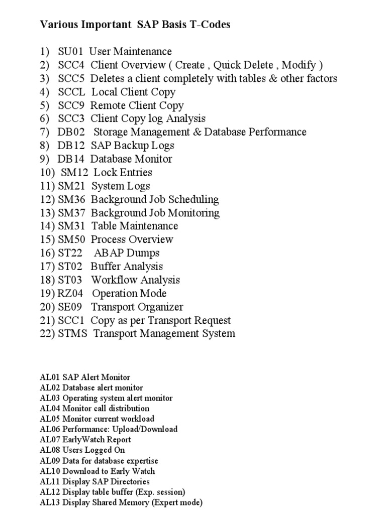Various Important SAP Basis T Codes | PDF | Databases | Information Retrieval