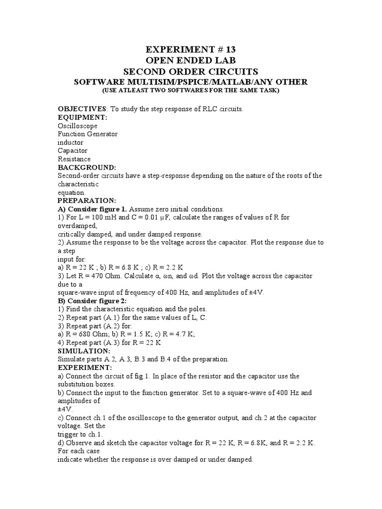 Experiment # 13 Open Ended Lab Second Order Circuits: Software Multisim ...