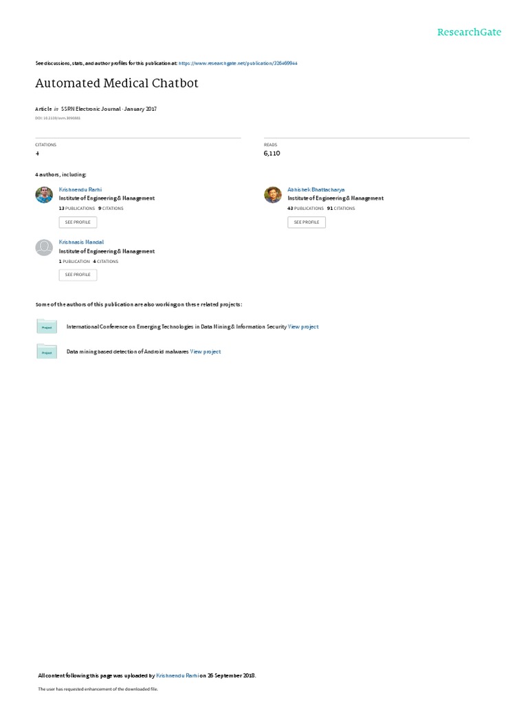 Automated Medical Chatbot: SSRN Electronic Journal January 2017 | PDF | Headache | Migraine