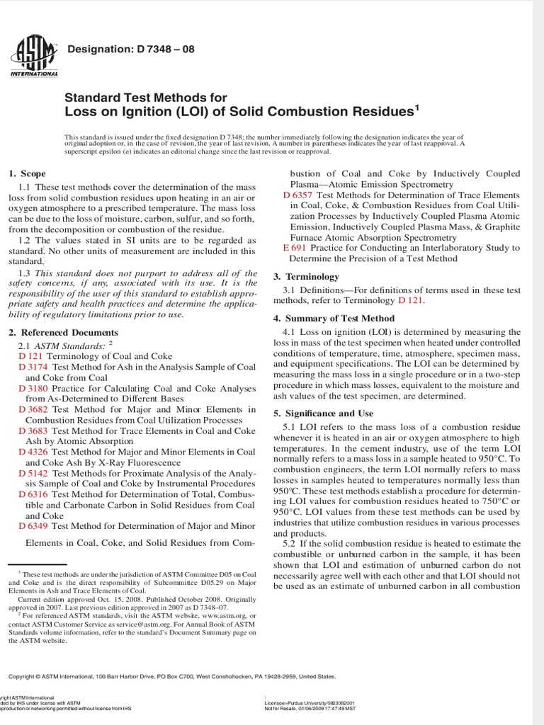 Loss On Ignition (LOI) of Solid Combustion Residues: Standard Test ...