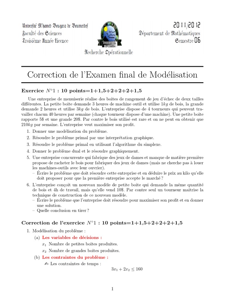 Exam Corr 2011-12 Modelisation | PDF | Optimisation linéaire | Programmation informatique