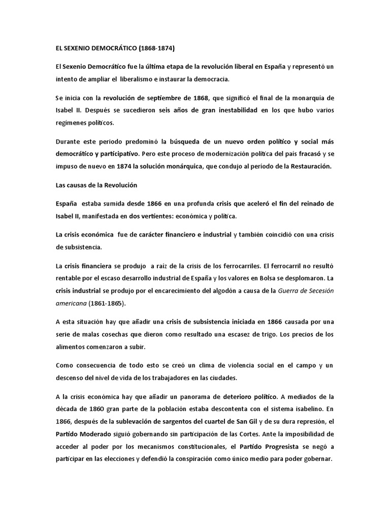 TEMA. El Sexenio Democrático | PDF | España | Teorías políticas