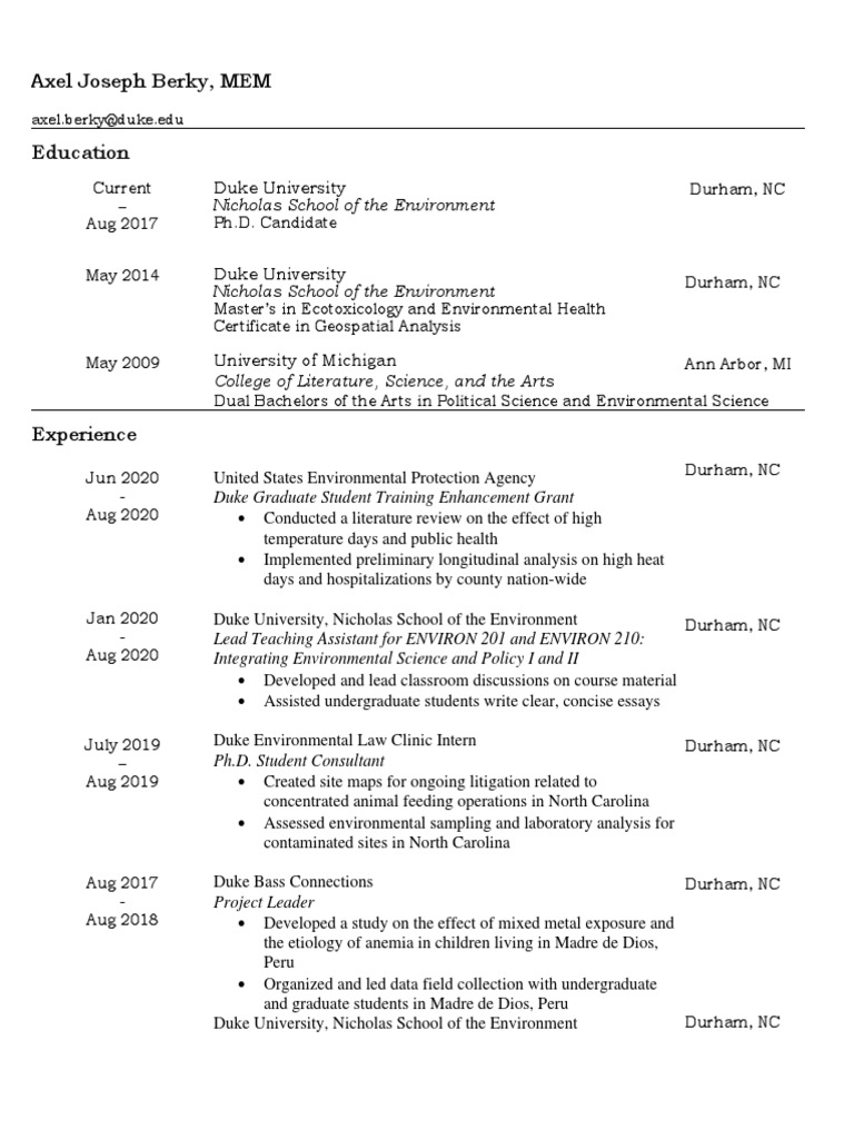 Axel Berky CV 20201104 Website | PDF | Duke University | Laboratories
