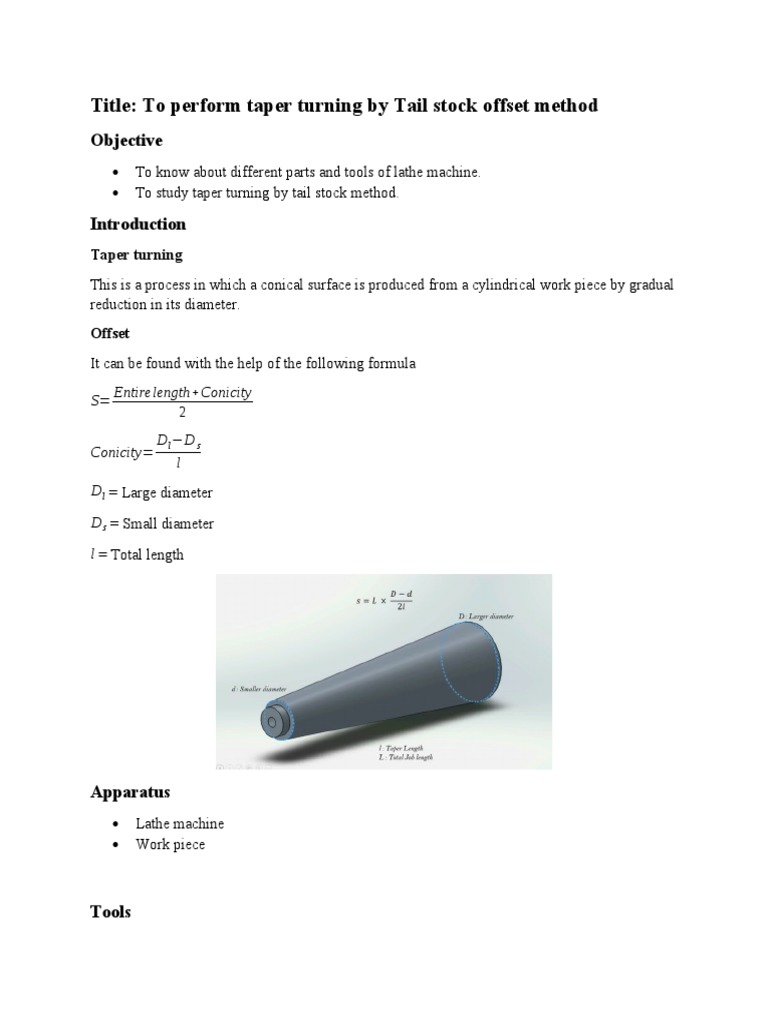 Taper Turning by Tail Stock Offset Method | PDF