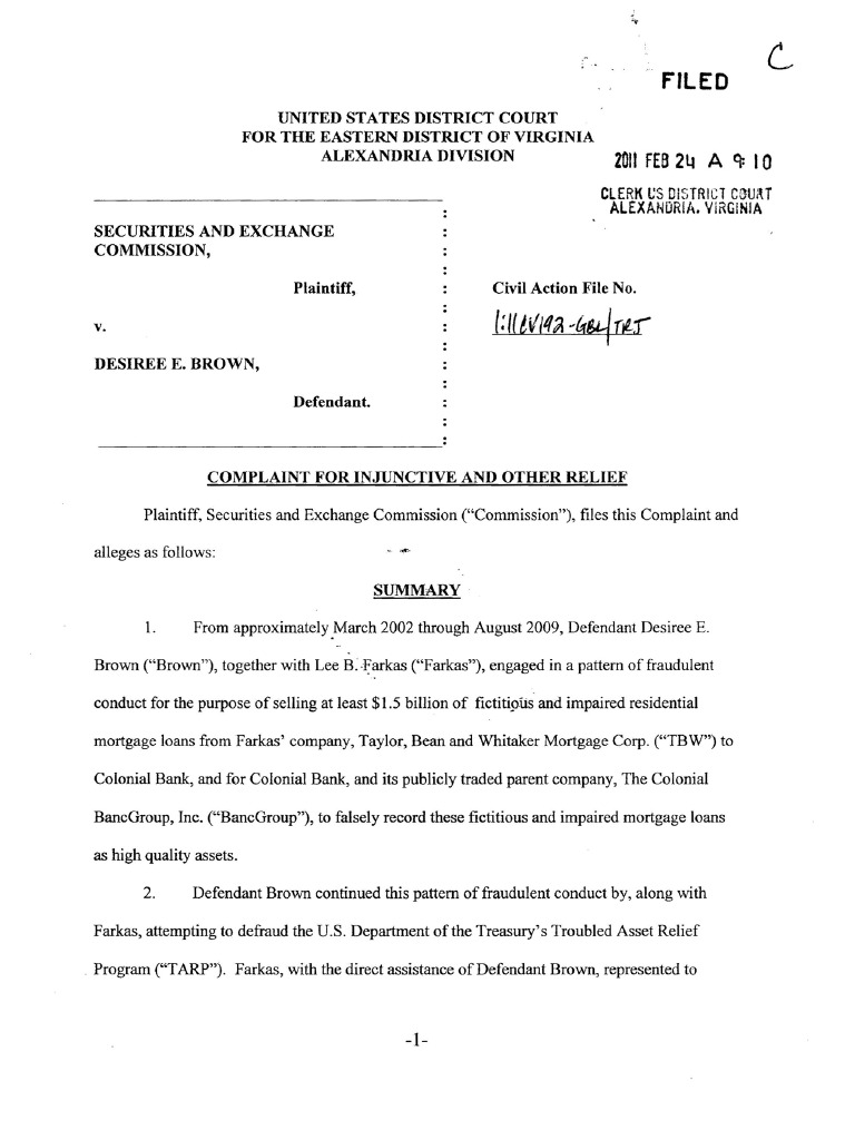 Securities and Exchange Commission, v. Desiree E. Brown of Taylor, Bean ...