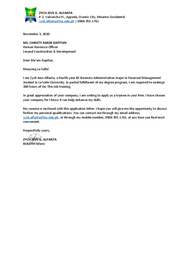 OJT Application Letter for BSBA Student | PDF | Business | Self-Improvement