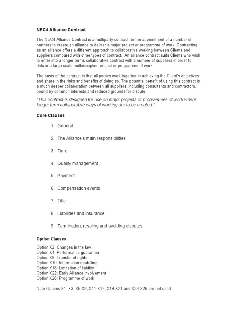 NEC 4 Alliance Contract Contents | PDF