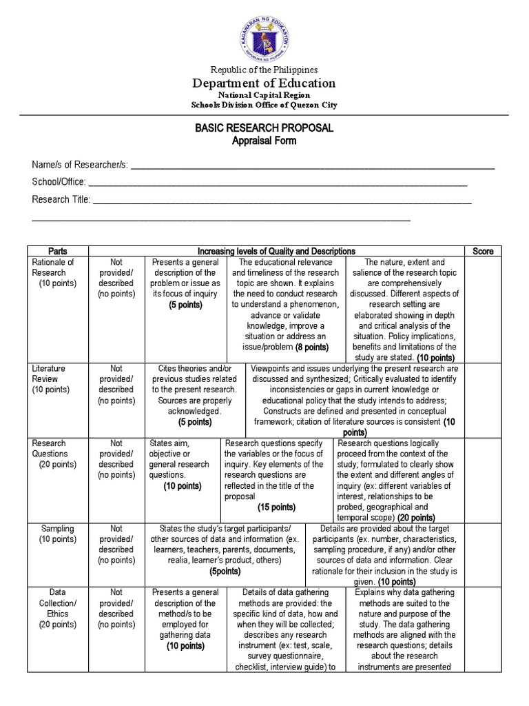 Department of Education: Basic Research Proposal Appraisal Form | PDF ...