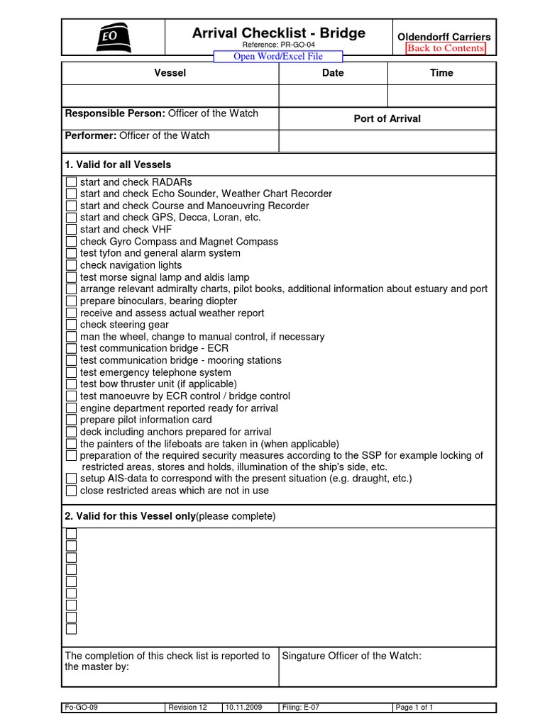 Arrival Checklist - Bridge: Oldendorff Carriers | PDF | Science ...