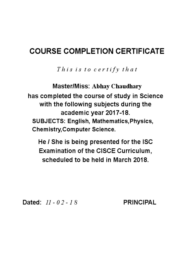 Course Completion Certificate 2017-18 | PDF | Curriculum | Science