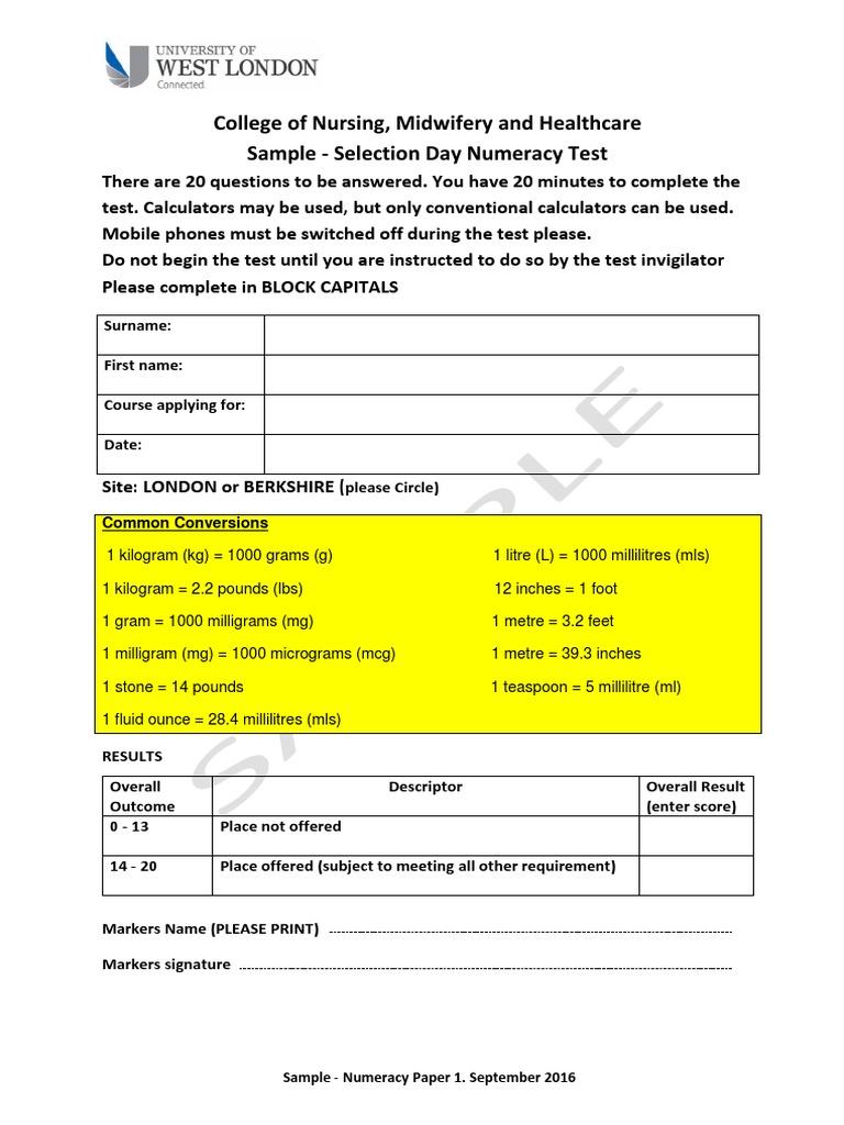 College of Nursing, Midwifery and Healthcare Sample - Selection Day ...