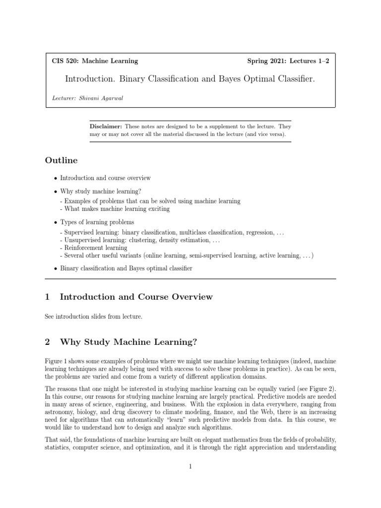 Introduction. Binary Classification and Bayes Optimal Classifier | PDF | Machine Learning ...
