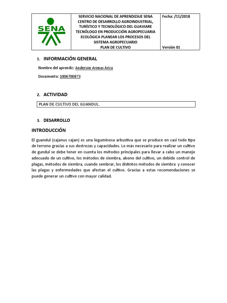 Plan de Cultivo de Guandul SENA | PDF | Siembra | Insectos