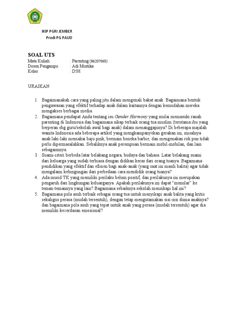 Soal Uts: Ikip Pgri Jember Prodi PG Paud | PDF | Kesehatan Holistik