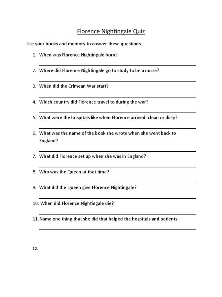 Florence Nightingale Quiz | PDF | History