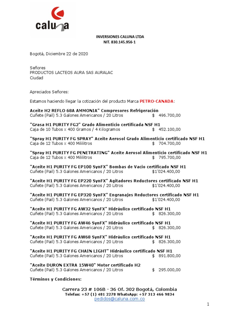 Cotización Caluna Auralac 20201222 Todos | PDF | Líquidos | Naturaleza