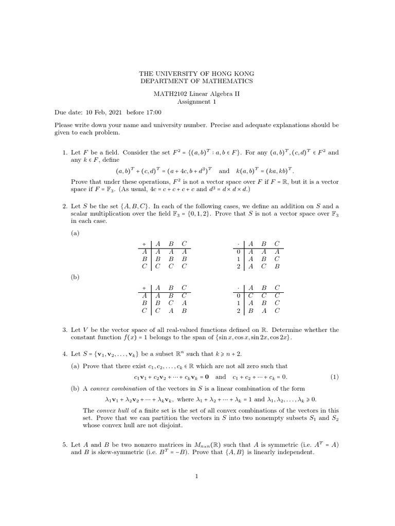 Assignment 1 | PDF | Convex Set | Vector Space