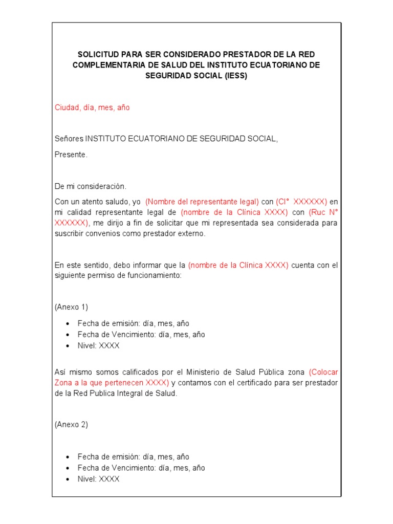 Solicitud para Ser Considerado Prestador de La Red Complementaria de Salud Del Iess | PDF