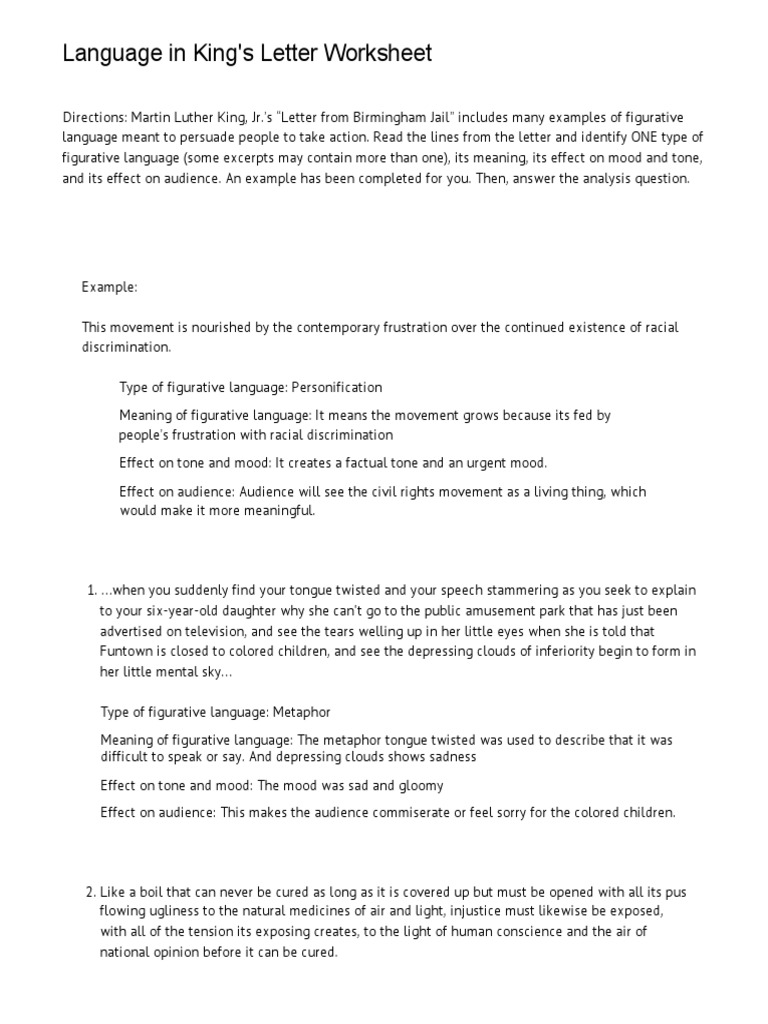 Language in King's Letter Worksheet | PDF | Martin Luther King Jr ...