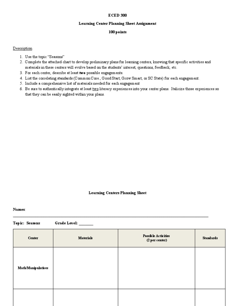 Center Plans Description and Rubric | PDF | Critical Thinking ...