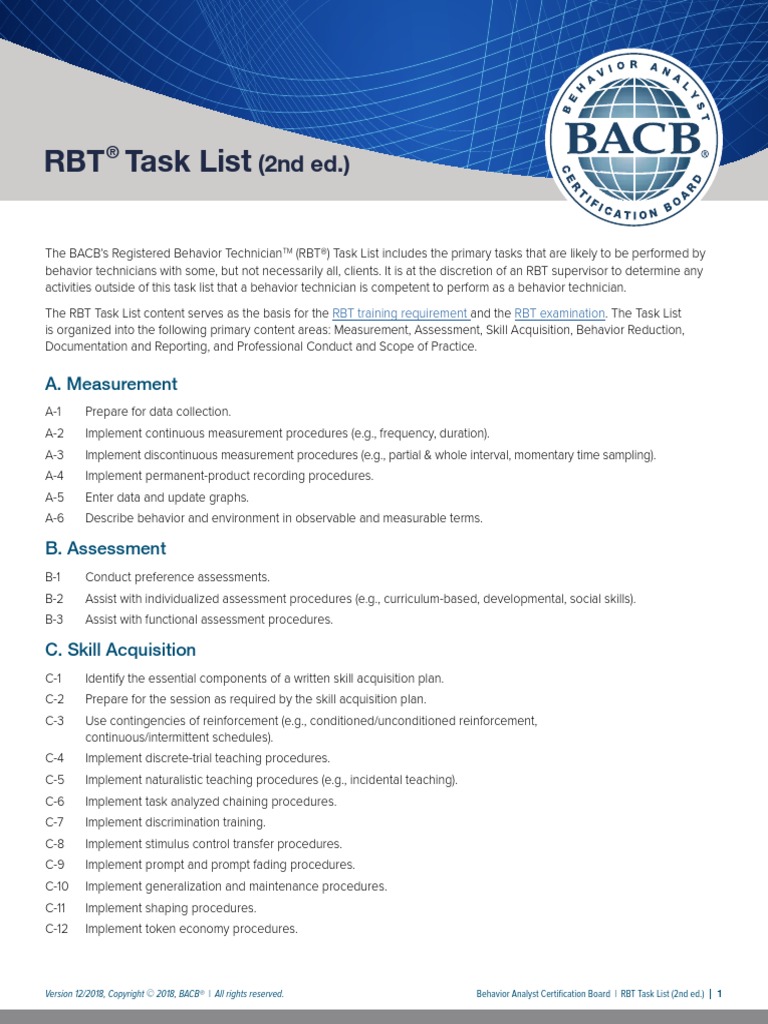 RBT 2nd Edition Task List 181214 | PDF | Reinforcement | Psychological ...