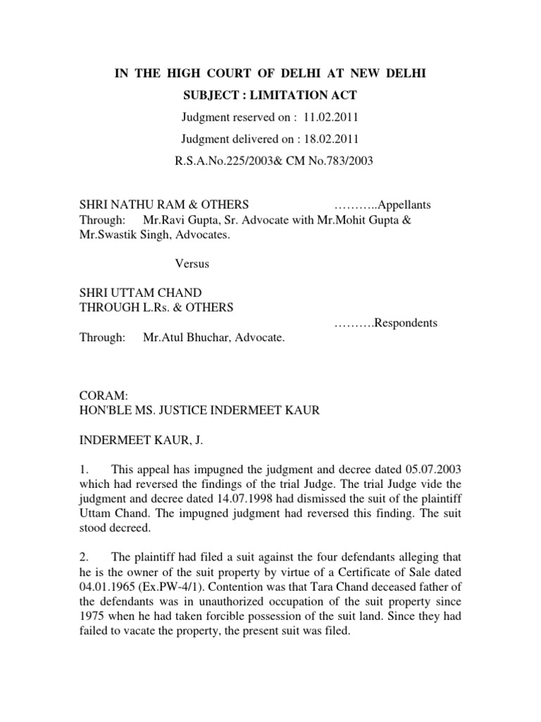 Nathu Ram Vs Shri Uttam Chandd High Court | PDF | Adverse Possession ...