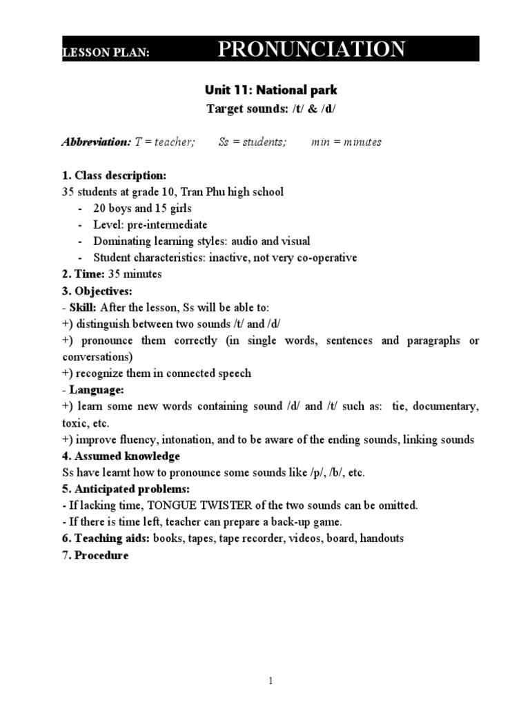 Lesson Plan Pronunciation | PDF | Lesson Plan | Teachers Lesson Plan Pronunciation | PDF | Lesson Plan | Teachers