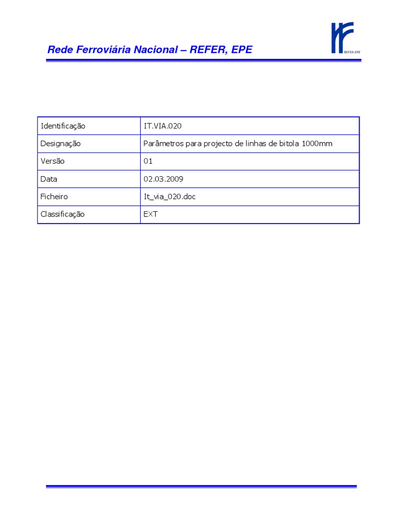 IT - Via.020 (1) - Parãmetros de Projecto de Via Bitola 1000mm | PDF ...