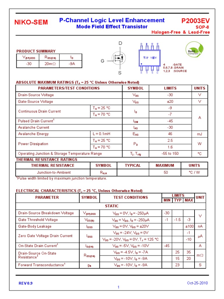 P2003EV Niko-Sem: P-Channel Logic Level Enhancement | PDF | Field Effect Transistor | Physical ...
