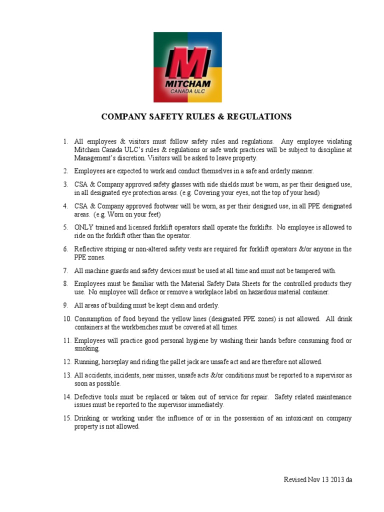 Company Safety Rules & Regulations | PDF | Technology & Engineering