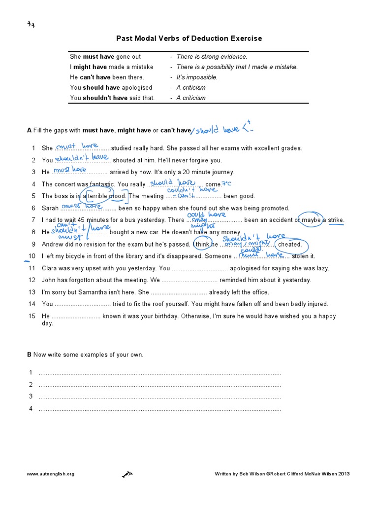 Past Modal Verbs of Deduction Exercise | PDF | Grammar | Linguistic Morphology
