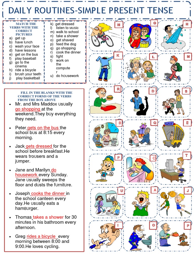 Simple Present Tense Daily Routines Exercises Worksheet | PDF | Foods