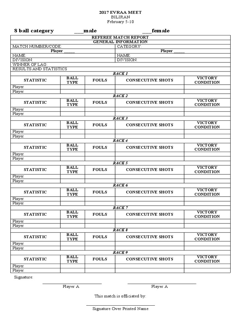 Billiards - Referee Match Report | PDF | Precision Sports | Sports ...