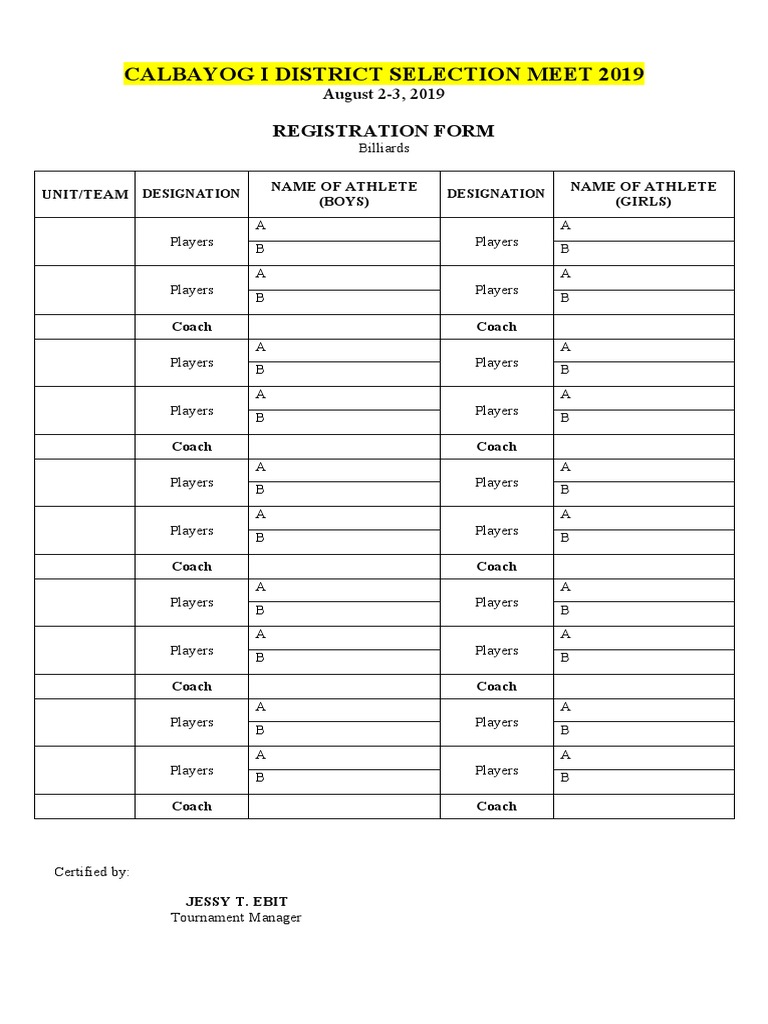 Calbayog District Billiards Registration 2019 | PDF