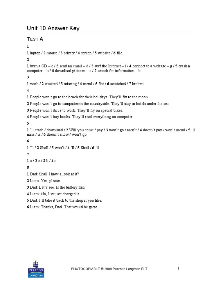 Unit 10 Answer Key: PHOTOCOPIABLE © 2009 Pearson Longman ELT | PDF