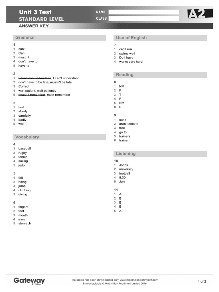 A2 UNIT 3 Test Answer Key Standard | PDF | Cognition