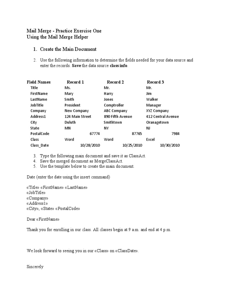 Mail Merge Practice Exercise Guide | PDF