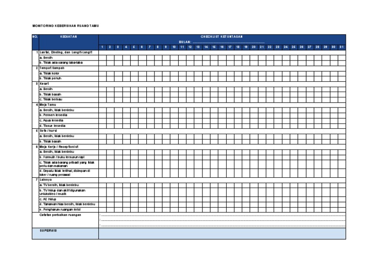 Checklist Monitoring Kebersihan Ruang Tamu | PDF