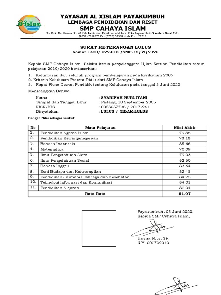 Surat Kelulusan SMP CI 2019-2020 | PDF
