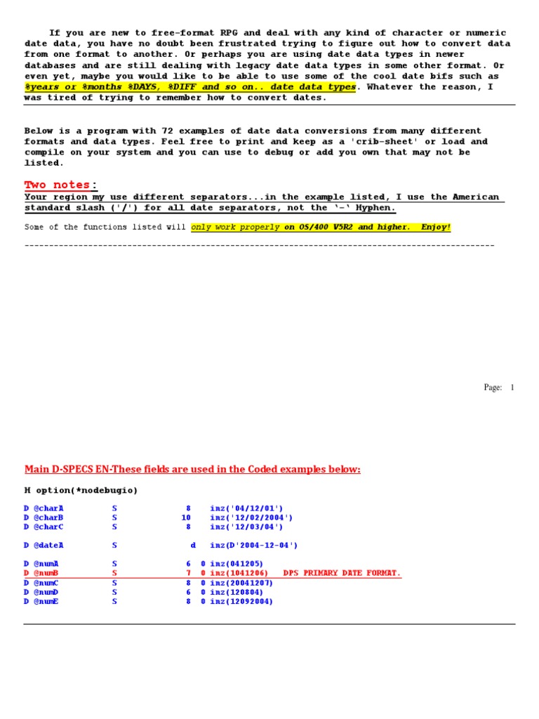 Date Conversions in - Free Form RPGLE (117 Total) TABLE LIST - Updated 2015 11 30 - PDF | PDF ...